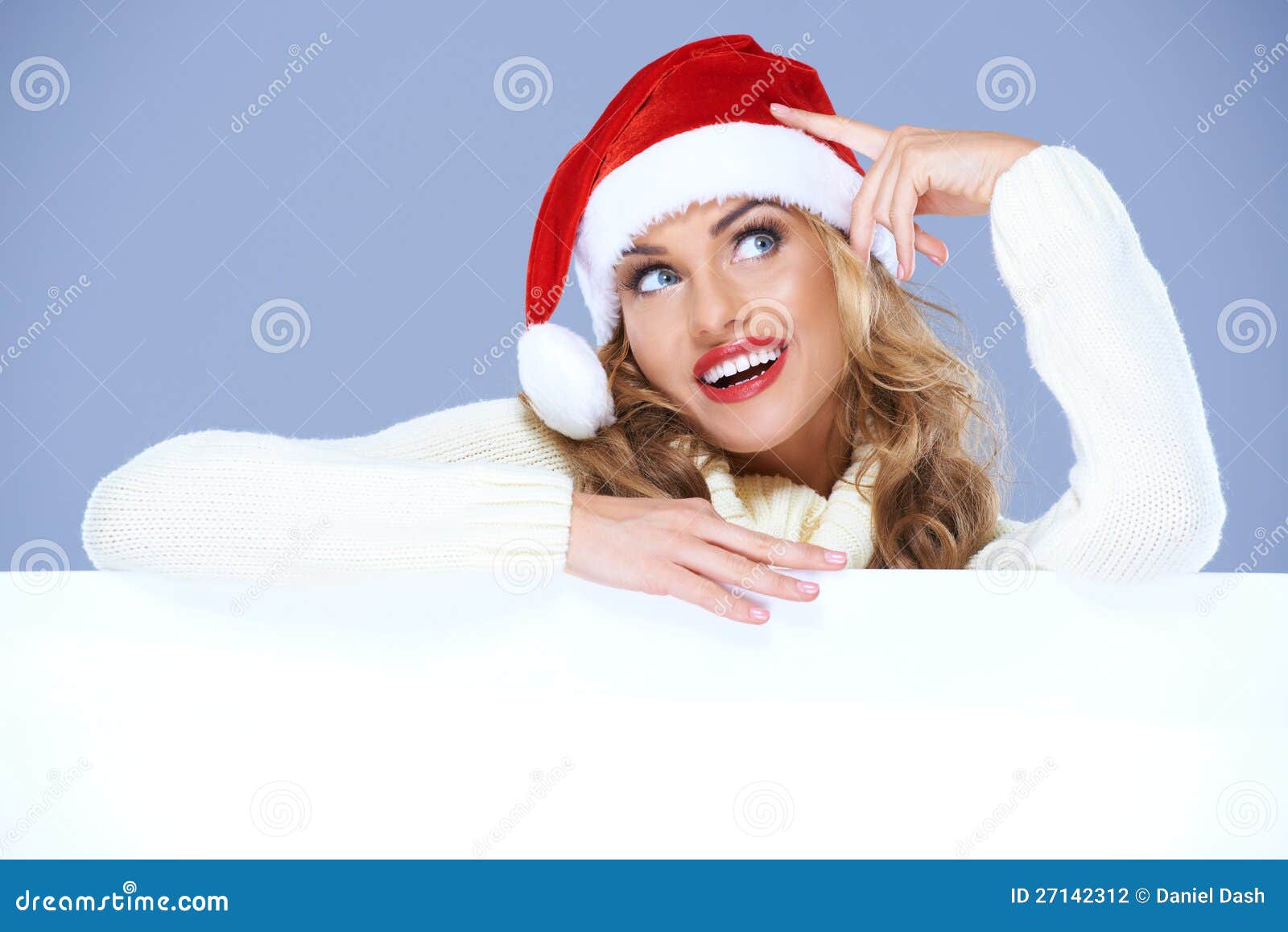 Blond Woman in Santa Hat Resting on White Board Stock Photo - Image of ...