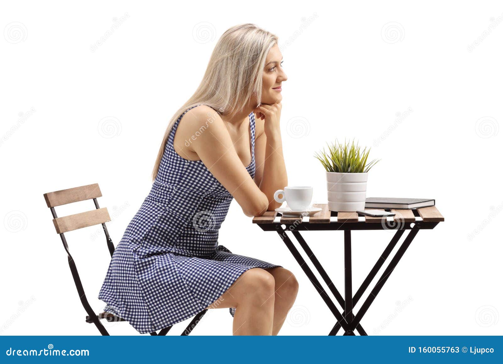 Blond Woman Sitting at a Coffee Table Stock Image - Image of white ...