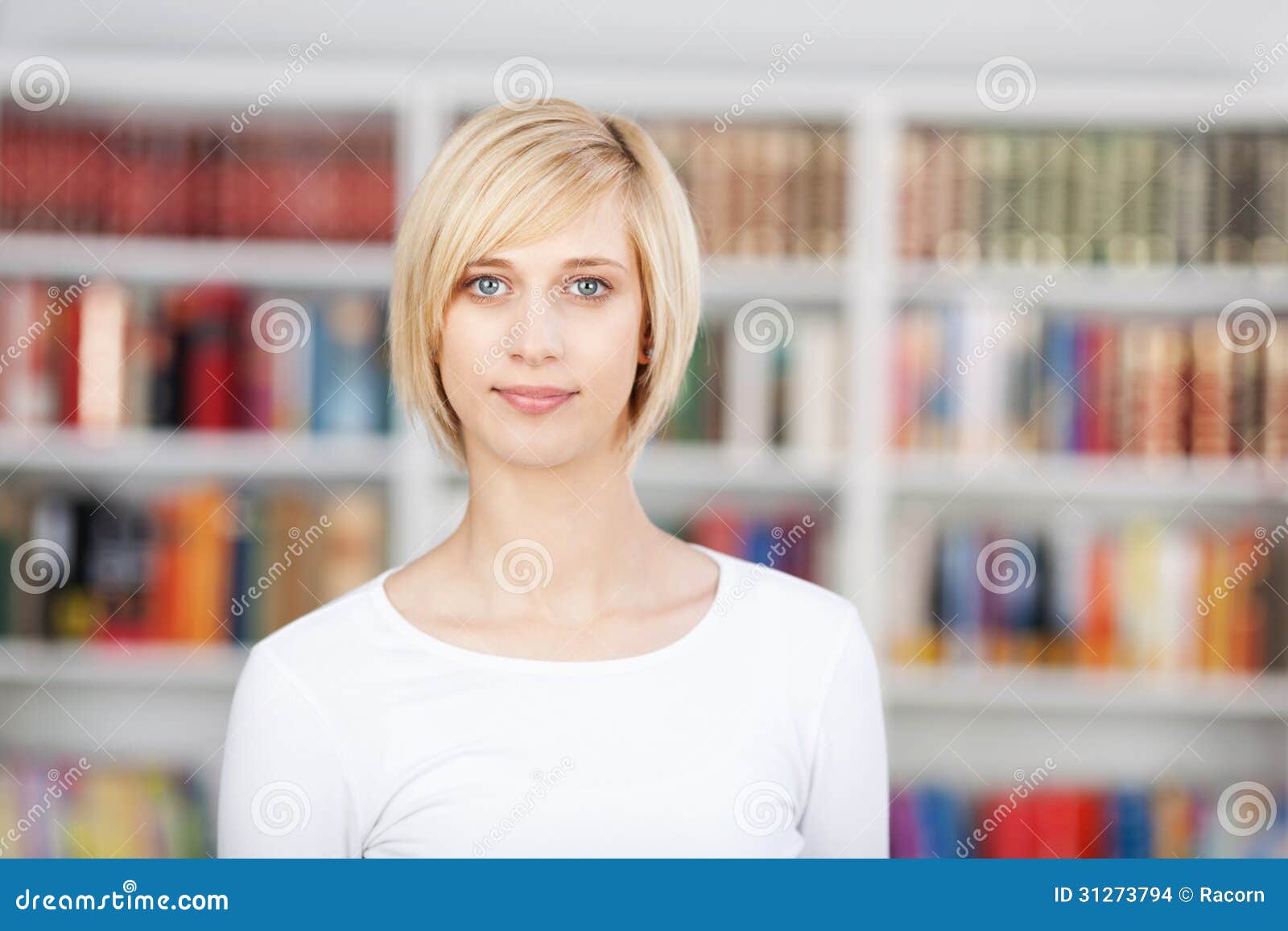 Blond Woman Standing in Library Stock Photo - Image of learner ...