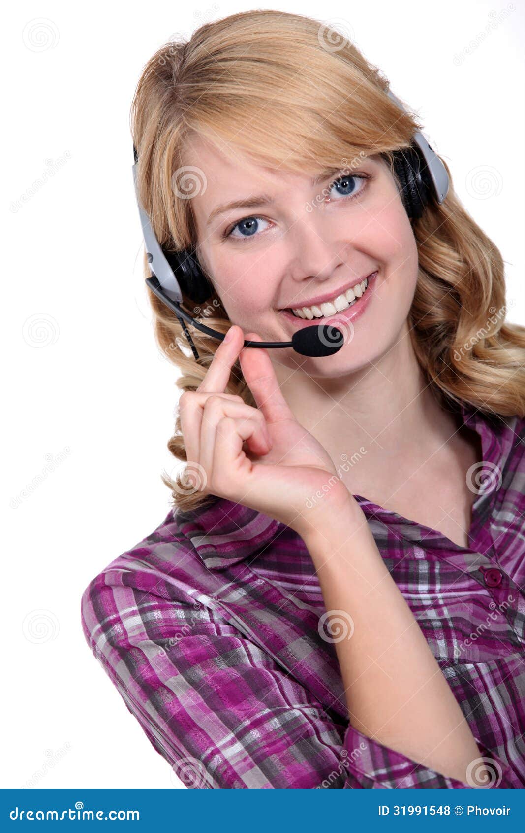 A Blond Woman Wearing a Headset Stock Photo - Image of headphone ...
