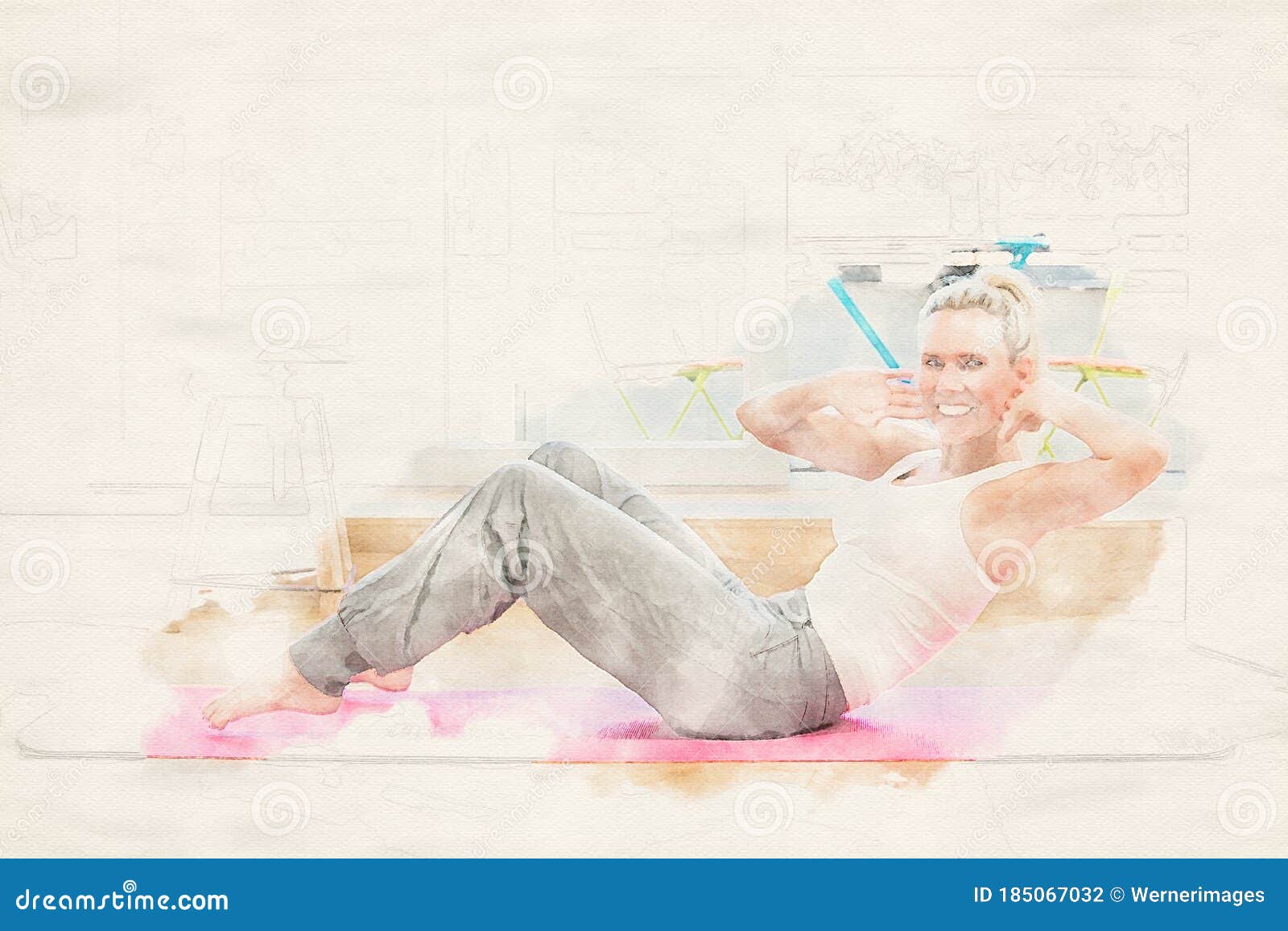 Woman Working Out in Watercolors Stock Illustration - Illustration of ...
