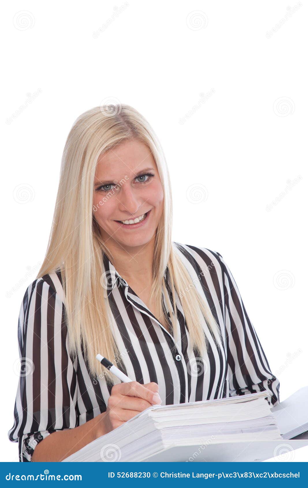 Blond Woman Writing in Binder with Pen Stock Photo - Image of lifestyle ...