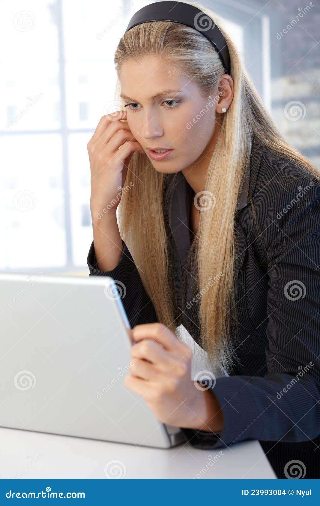 Blonde Assistant Girl with Laptop Stock Photo - Image of busy, american ...