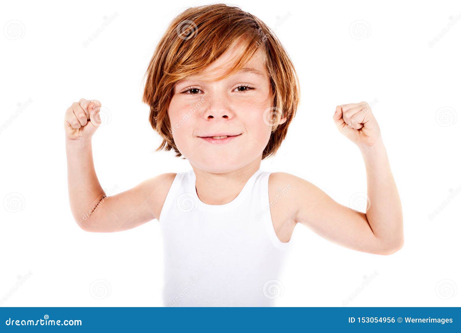 Blonde Boy with Big Head Flexing His Muscles Stock Photo - Image of ...