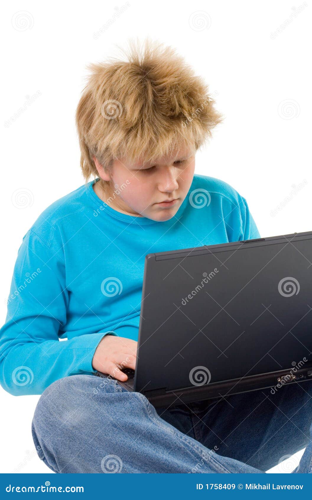 Blonde Boy Working with Laptop Stock Image - Image of mobile, playing ...