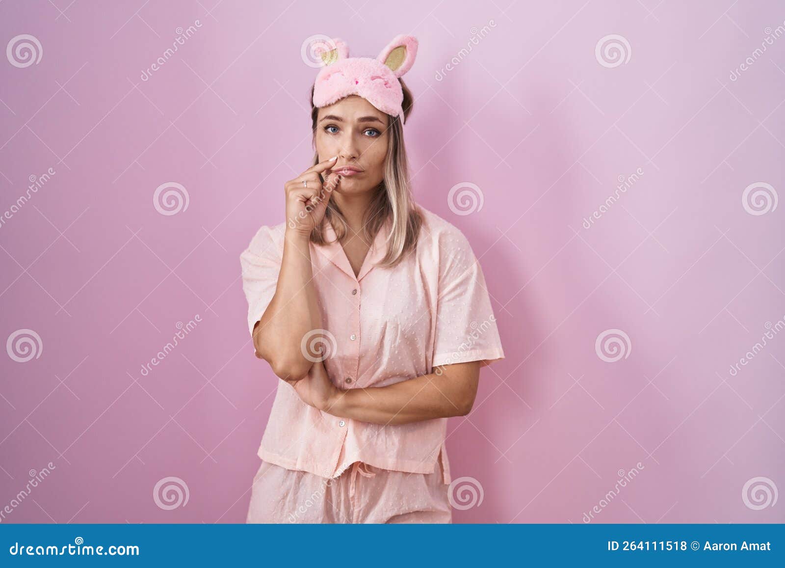 Blonde Caucasian Woman Wearing Sleep Mask And Pajama Mouth And Lips