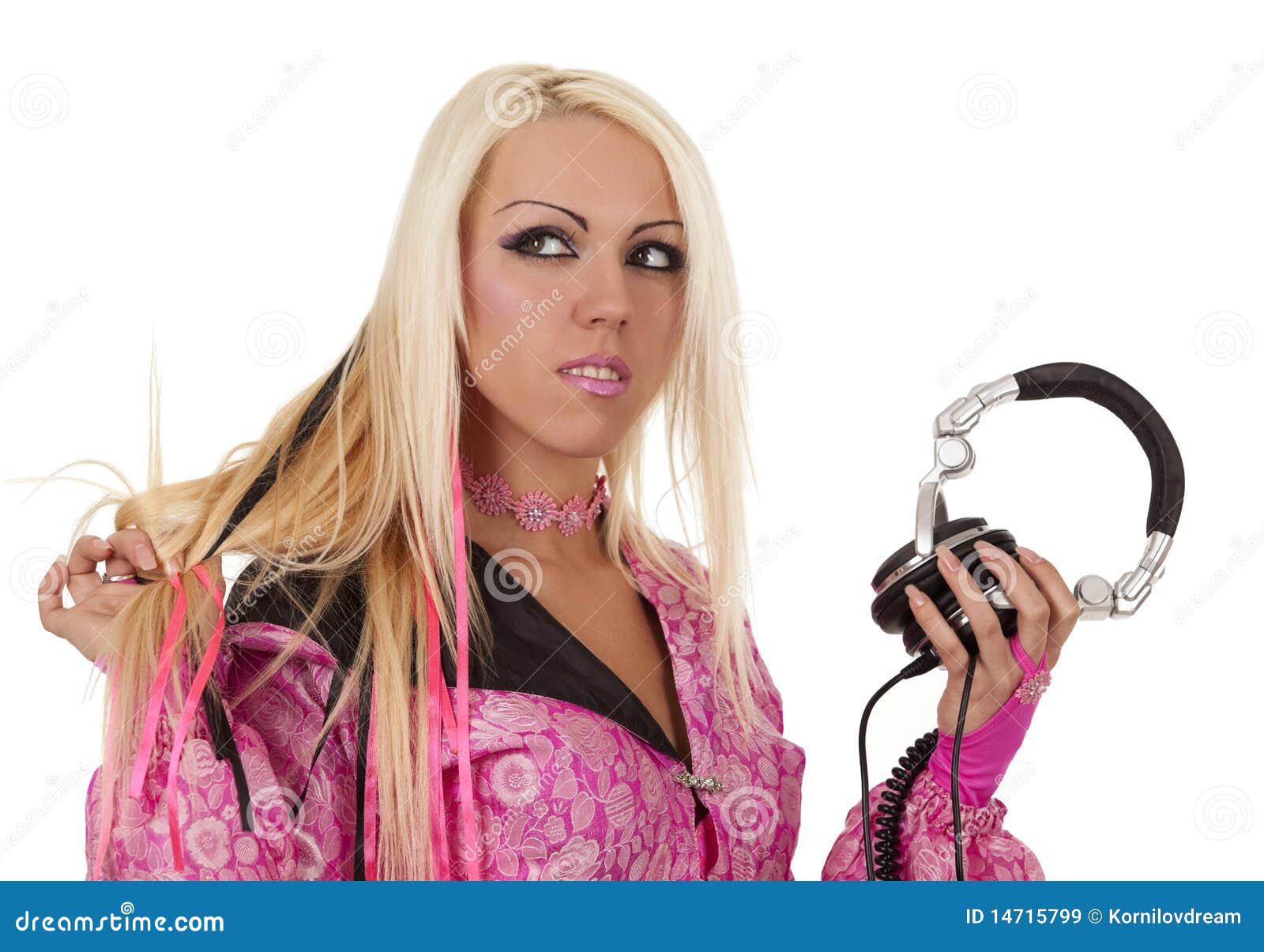 Blonde Dj in Pink Suit with a Headphone Stock Image - Image of ...