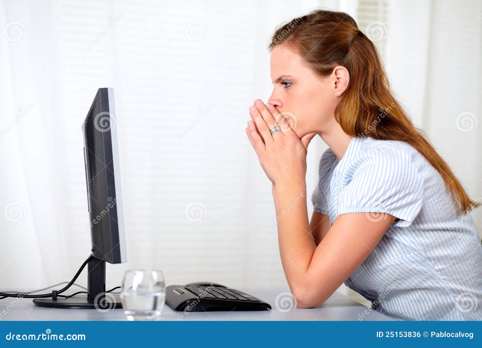 Blonde Friendly Young Lady Looking To Computer Stock Photo - Image of ...