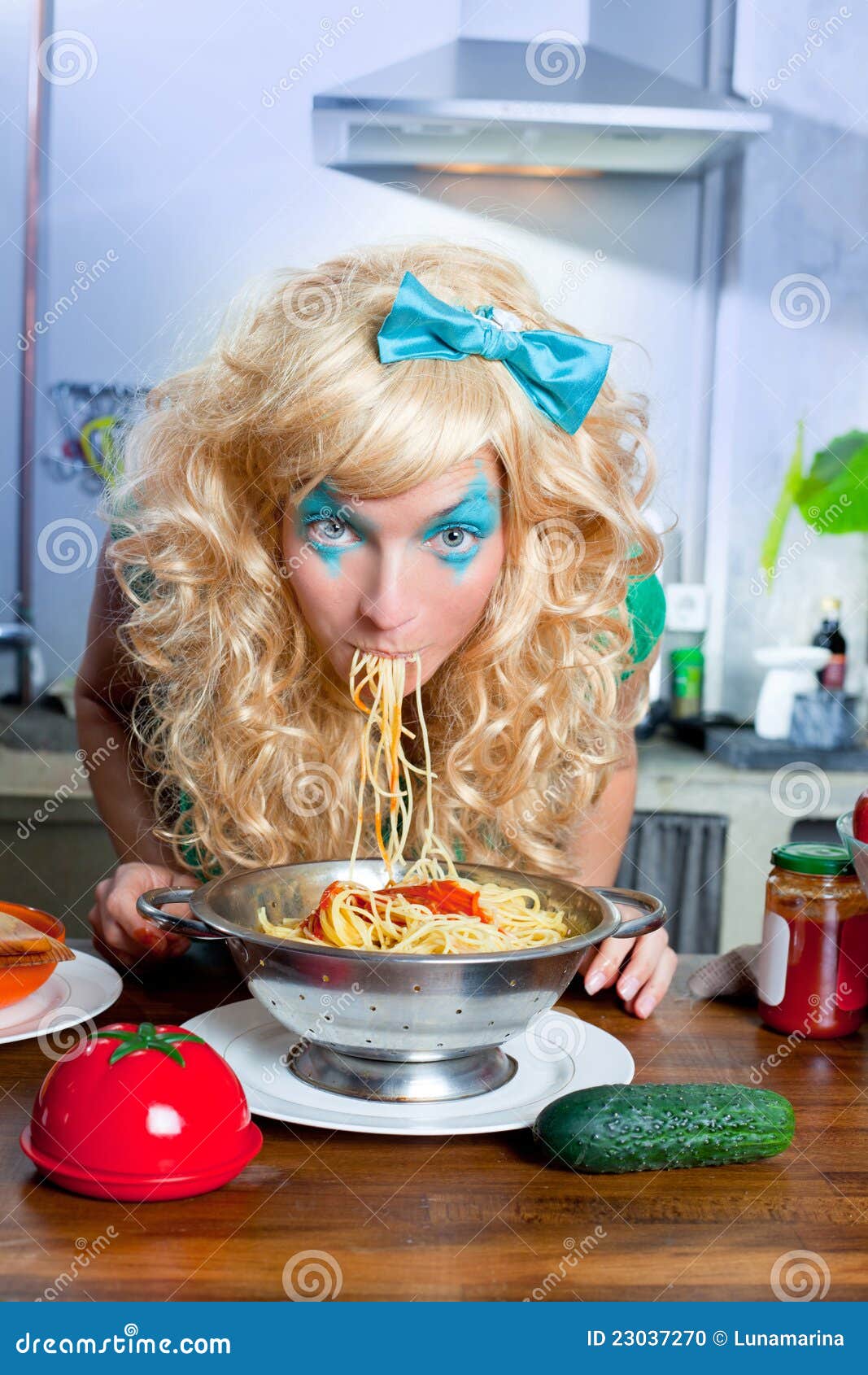 Blonde Funny on Kitchen Eating Pasta Like Crazy Stock Photo - Image of ...