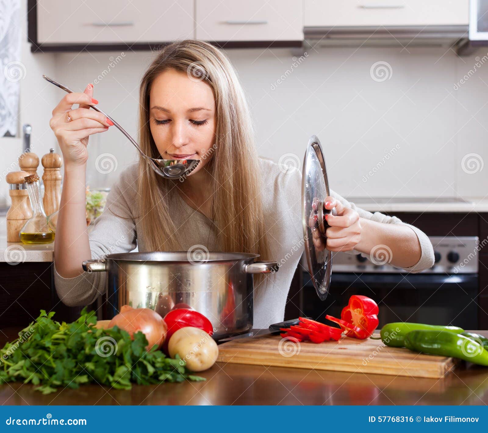 Blonde Girl with Ladle Testing Soup Stock Photo - Image of fresh ...