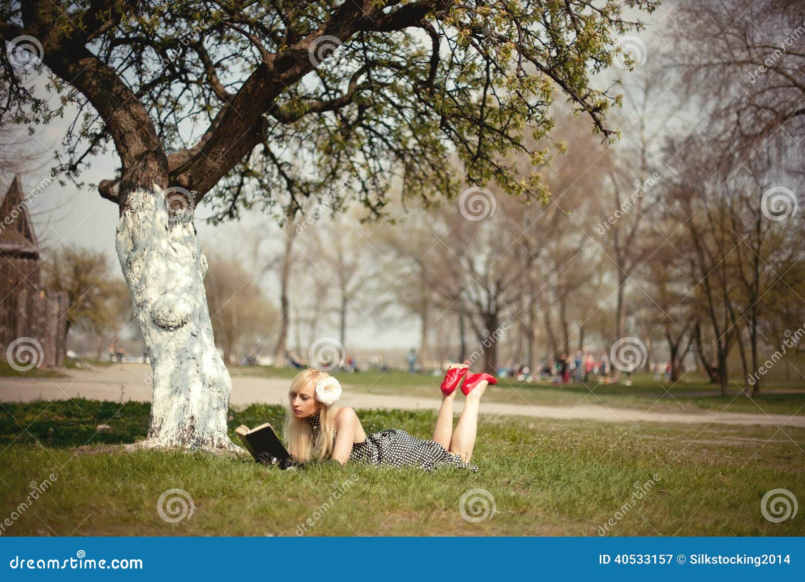 Blonde Girl Lying Under a Tree with Book Stock Image - Image of model ...