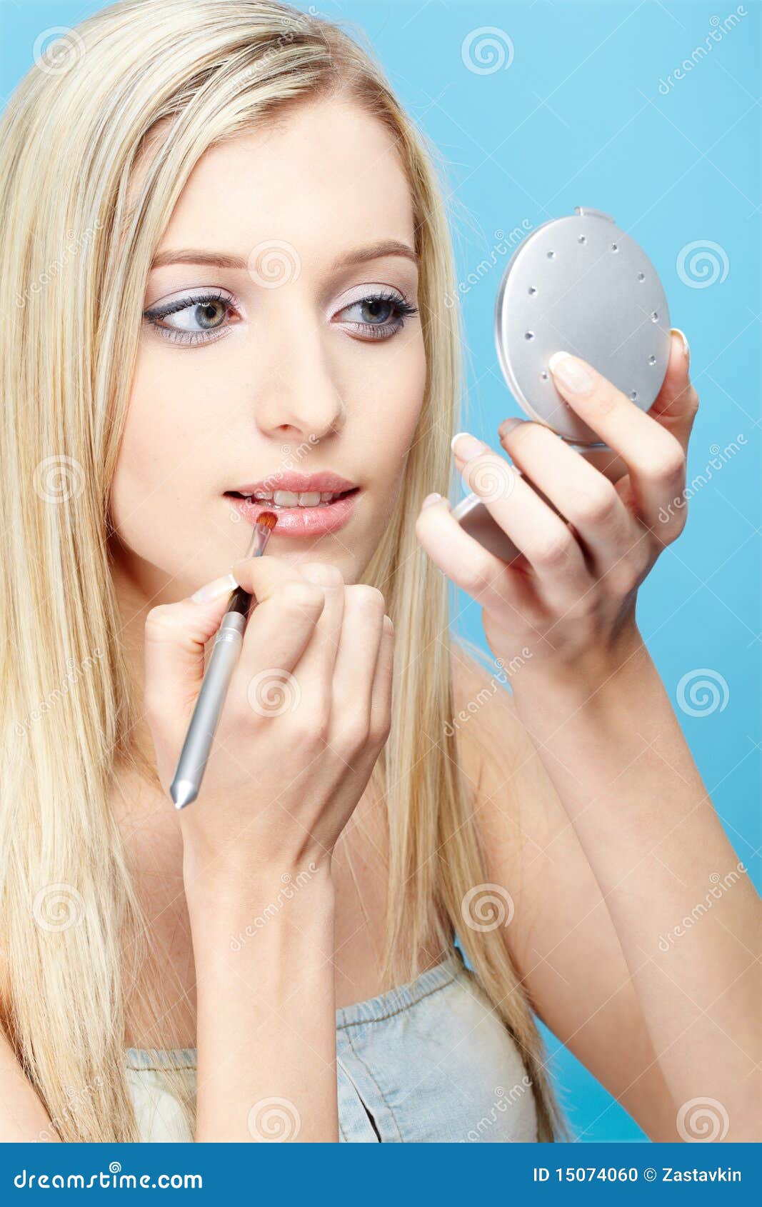 Blonde girl making up stock photo. Image of blue, female - 15074060