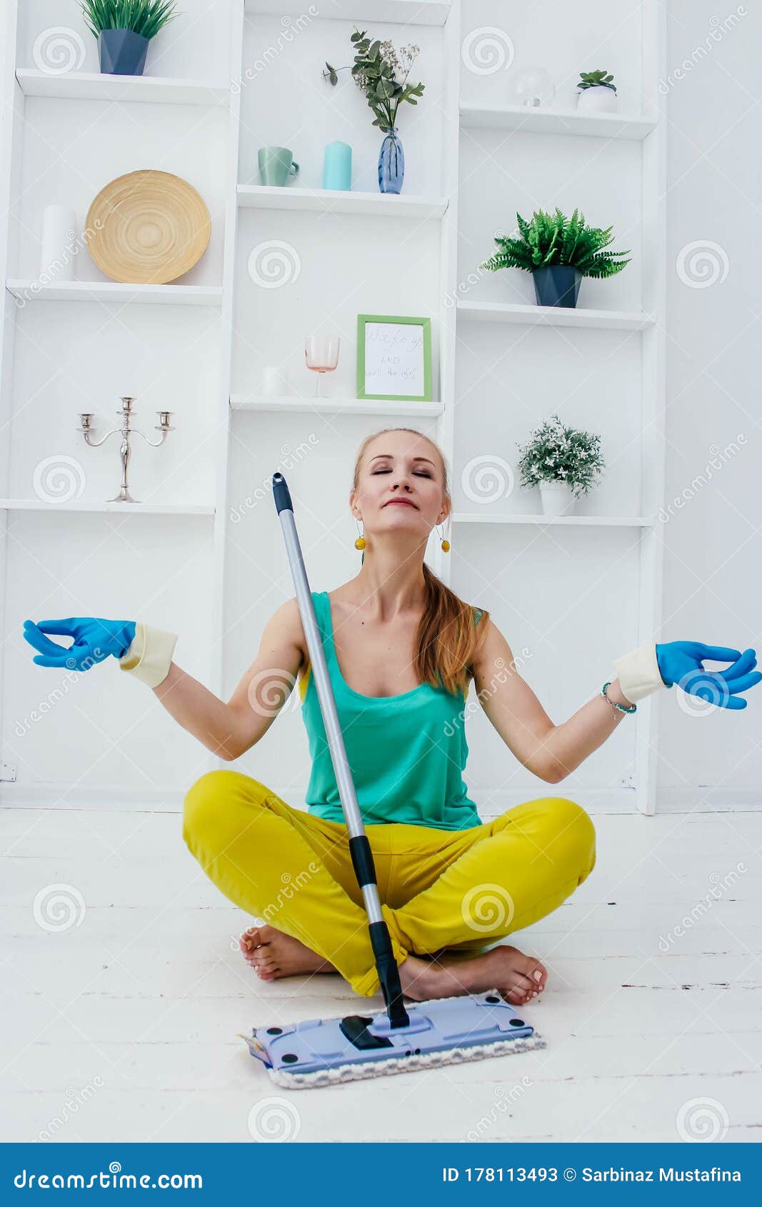 Blonde Girl with a Mop and a Rag on the Floor. Stock Image - Image of ...