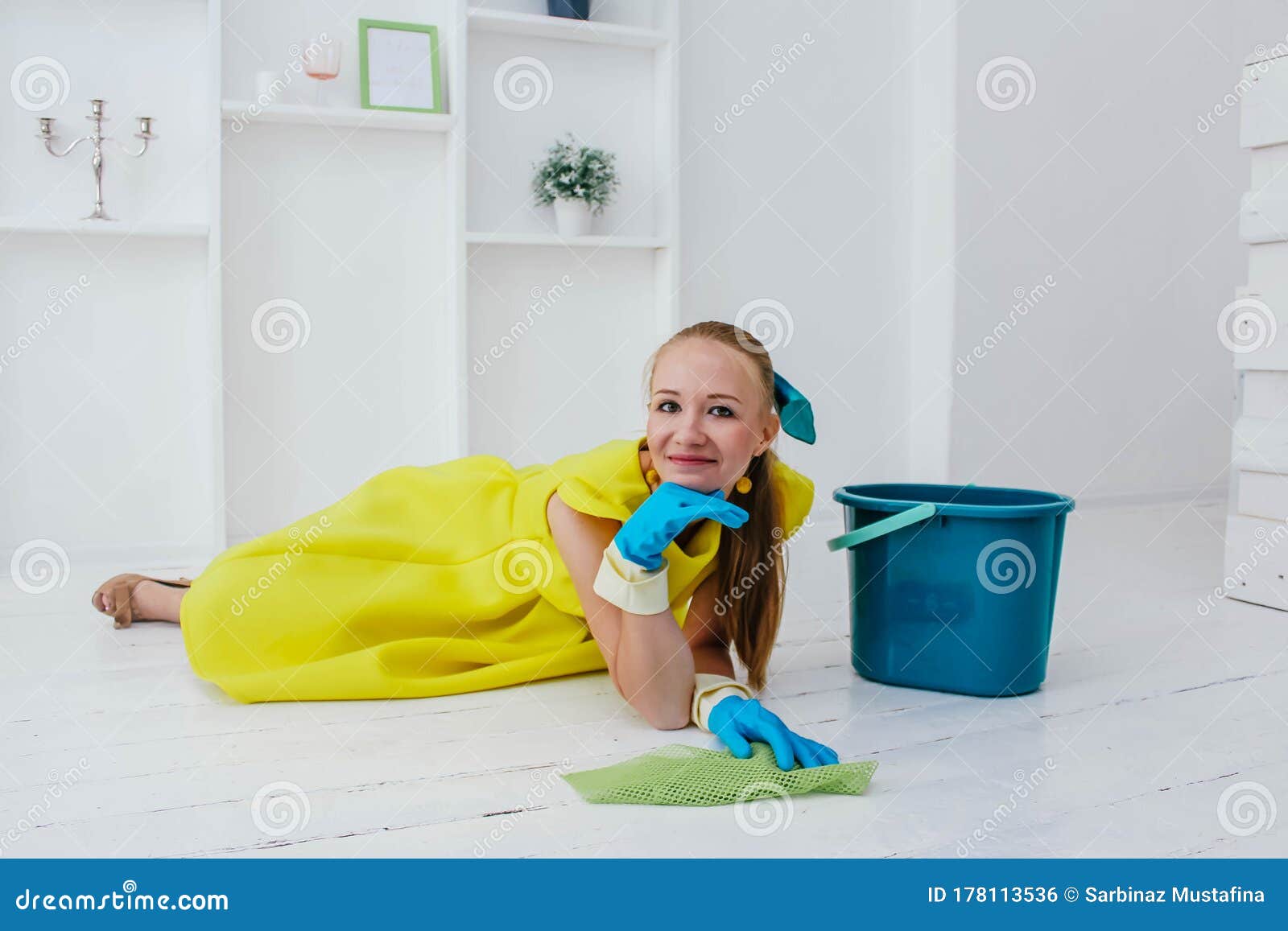 Blonde Girl with a Mop and a Rag on the Floor. Stock Photo - Image of ...