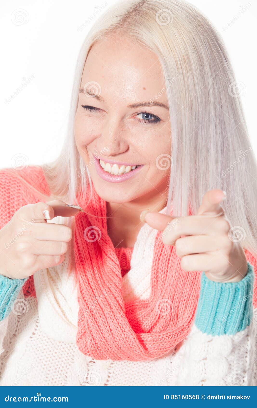 Blonde Girl Shows Fingers Direction Stock Photo - Image of color ...