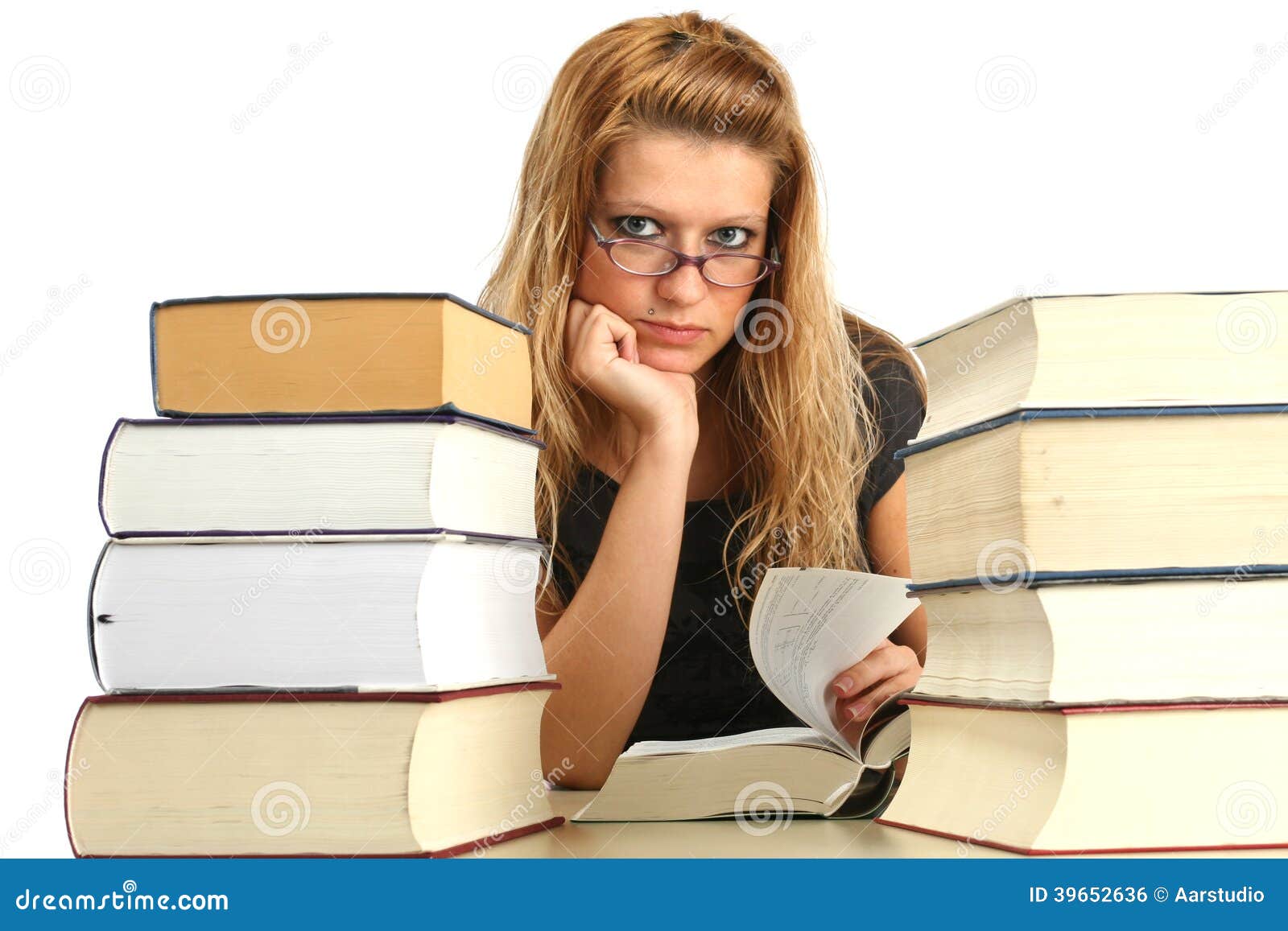 Blonde Girl Studying between Big Books Stock Photo - Image of girl ...
