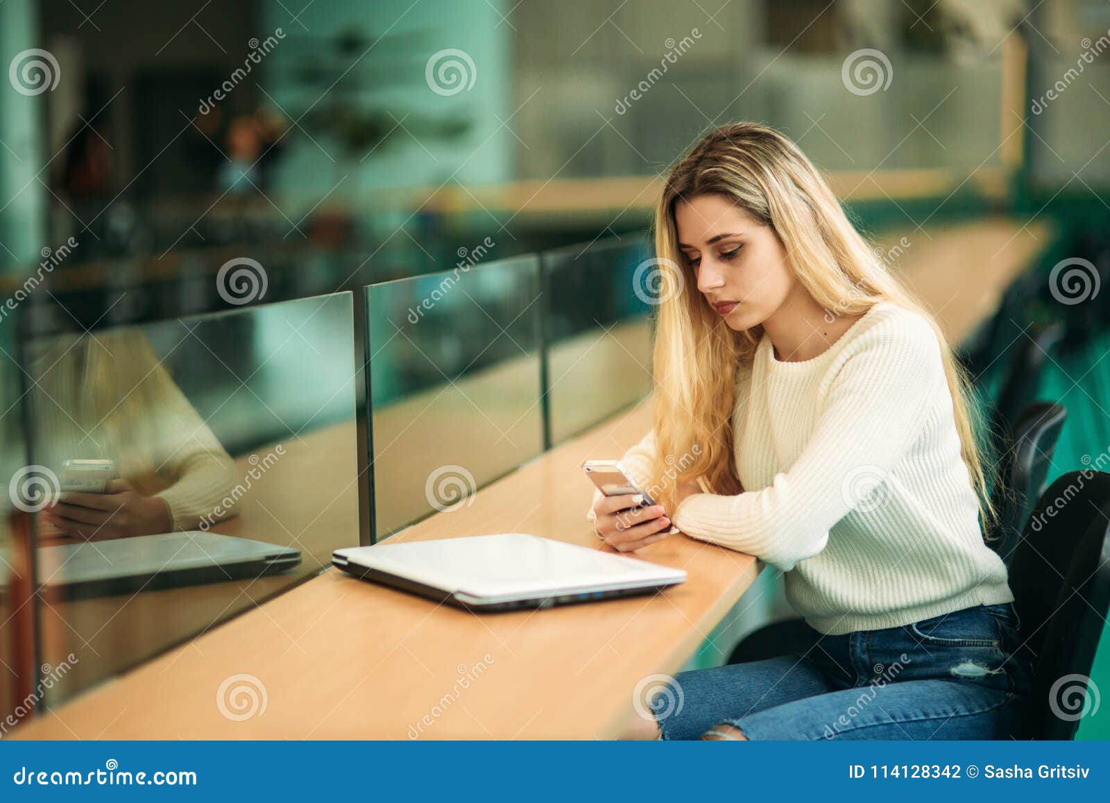 Blonde Girl Use Phone in Library Stock Photo - Image of caucasian, girl ...
