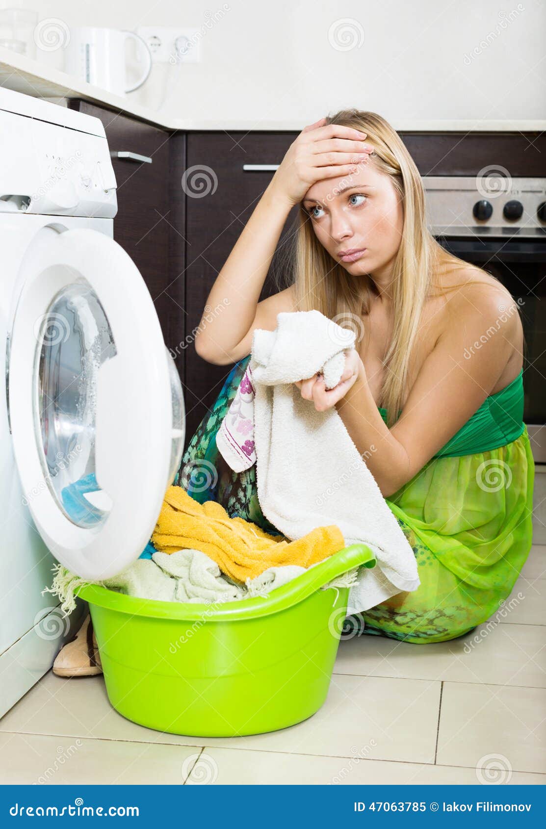 Blonde Girl and Washing Machine Stock Image - Image of indoors ...