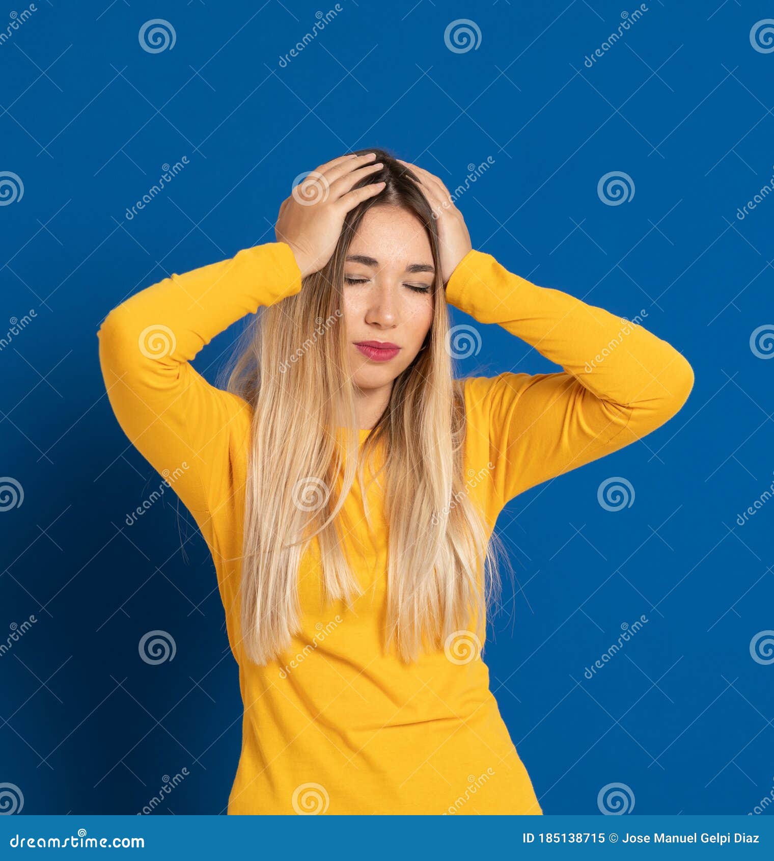 Blonde Girl Wearing A Yellow T Shirt Stock Image Image Of Gesture
