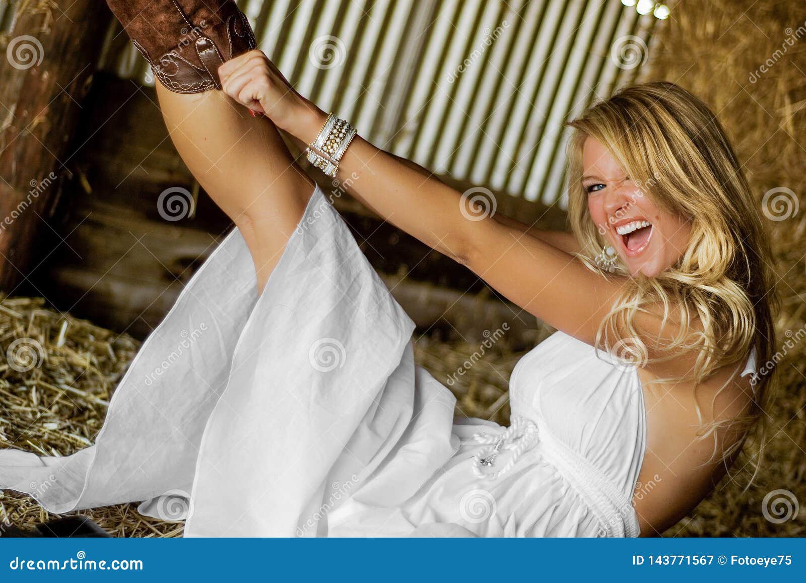 Blonde Girl Woman Dressed As Farm Country Or Cowgirl Stock Image