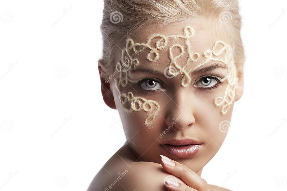 Blonde Girl with a Wool String on Her Face Stock Image - Image of ...