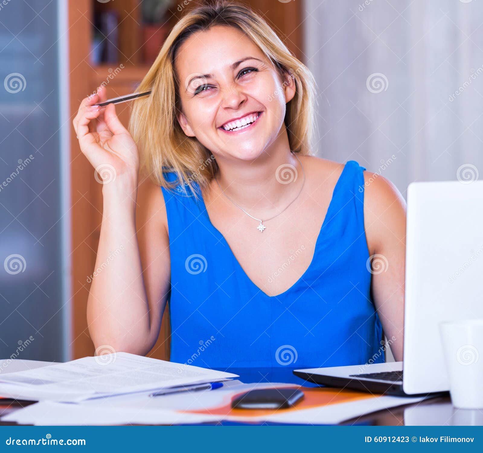 Blonde Girl Working with Documents Stock Image - Image of electronic ...