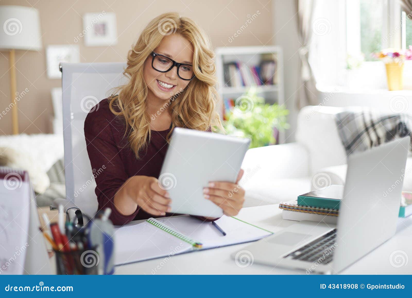 Blonde Girl Working at Home Stock Photo - Image of homework, examining ...