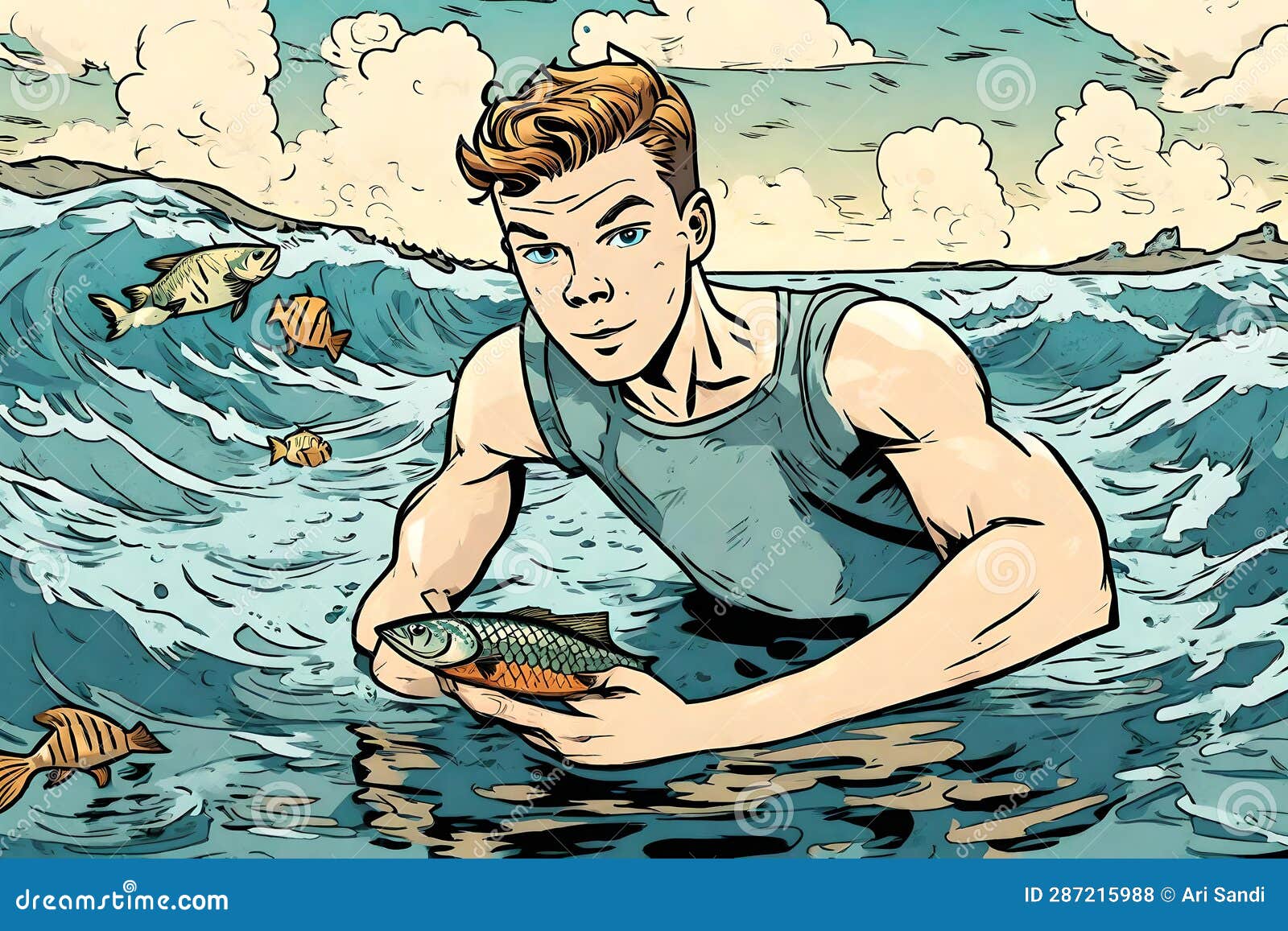 A Blonde Haired Man is Catching Fish on the Seafront Using His Own ...