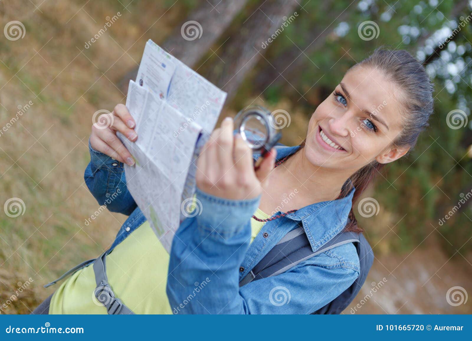 Blonde Hiker with Compass and Reading Map in Nature Stock Photo - Image ...