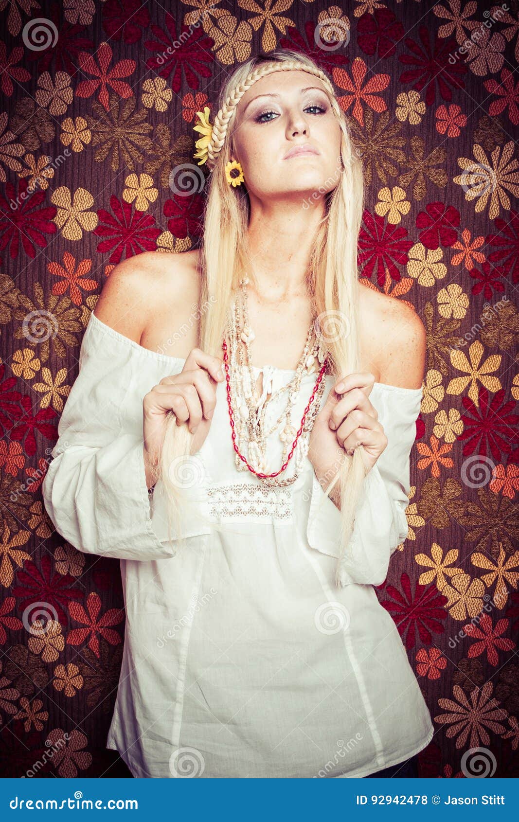 Blonde Hippy Woman stock photo. Image of flowers, person - 92942478
