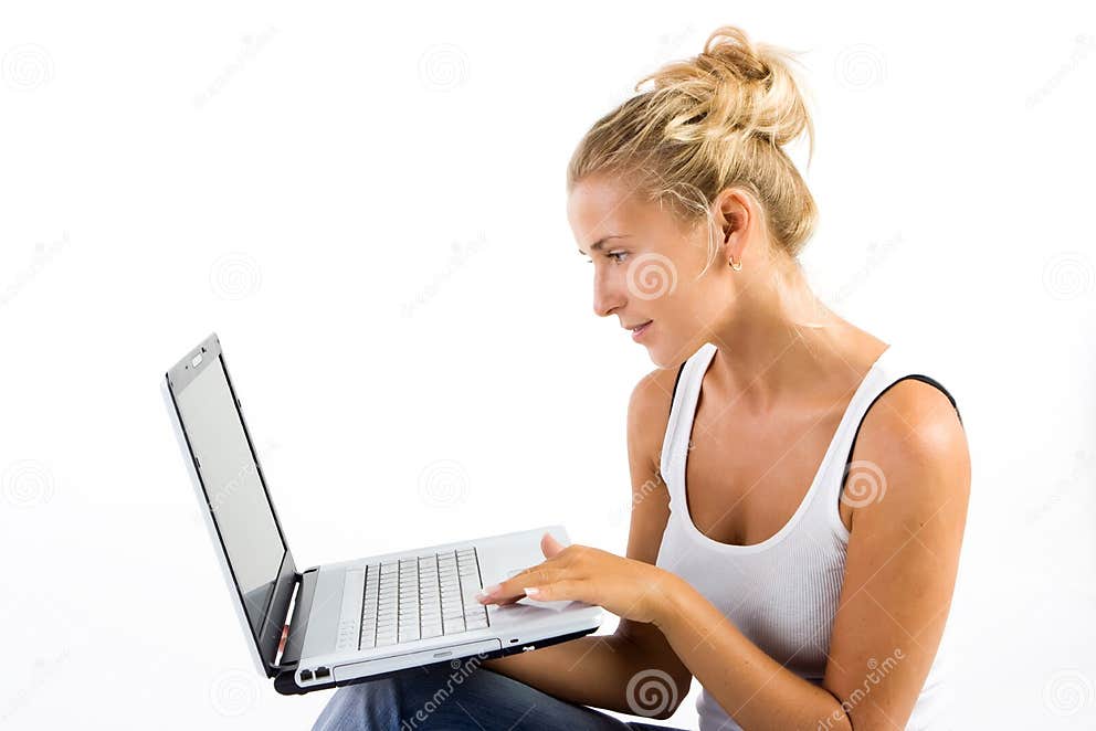 Blonde lady with computer stock image. Image of notebook - 10498501