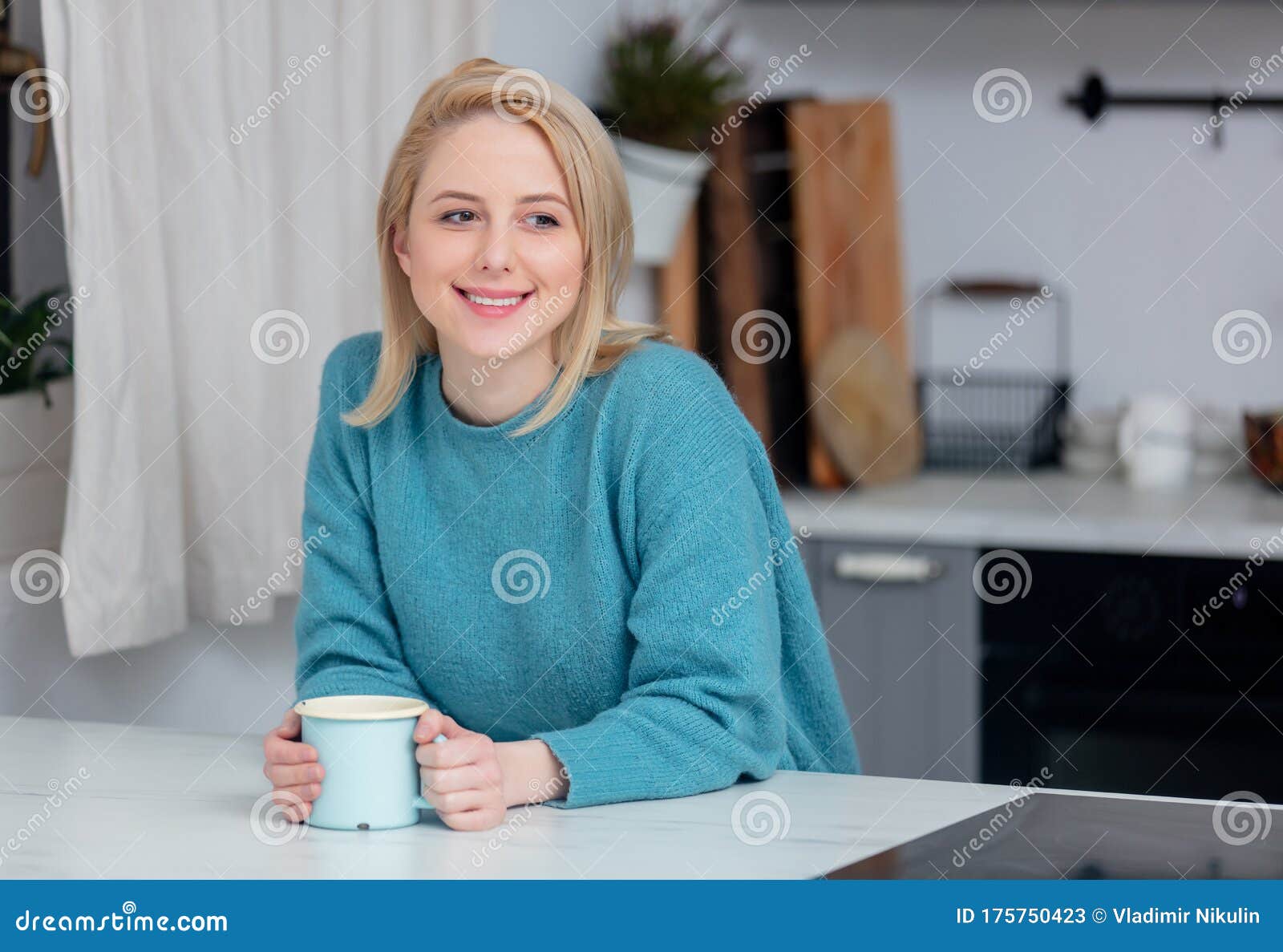 Lady with Cup of Coffee at Kitchen Stock Image - Image of hand, aroma ...