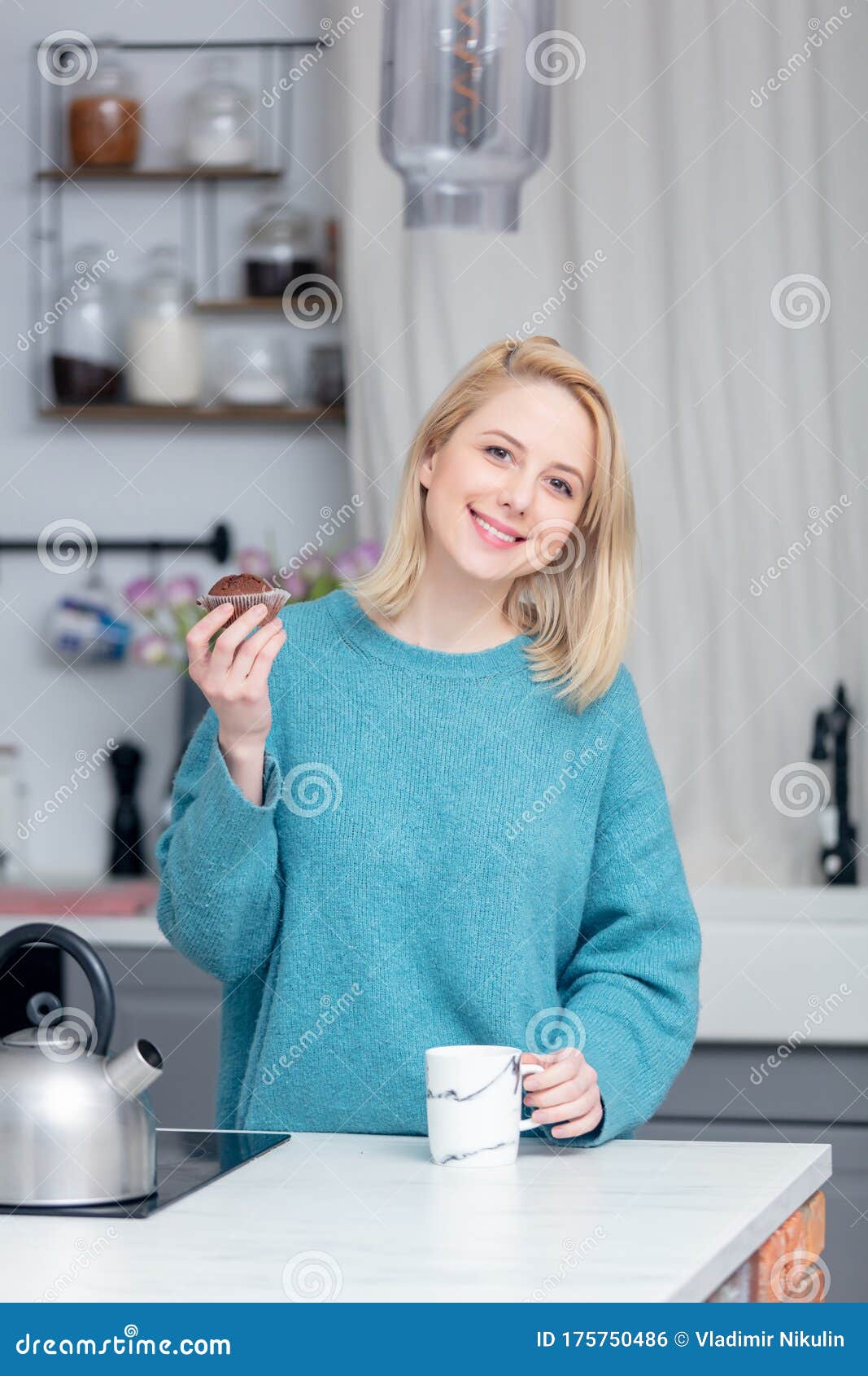 Lady with Cup of Coffee at Kitchen Stock Photo - Image of house ...