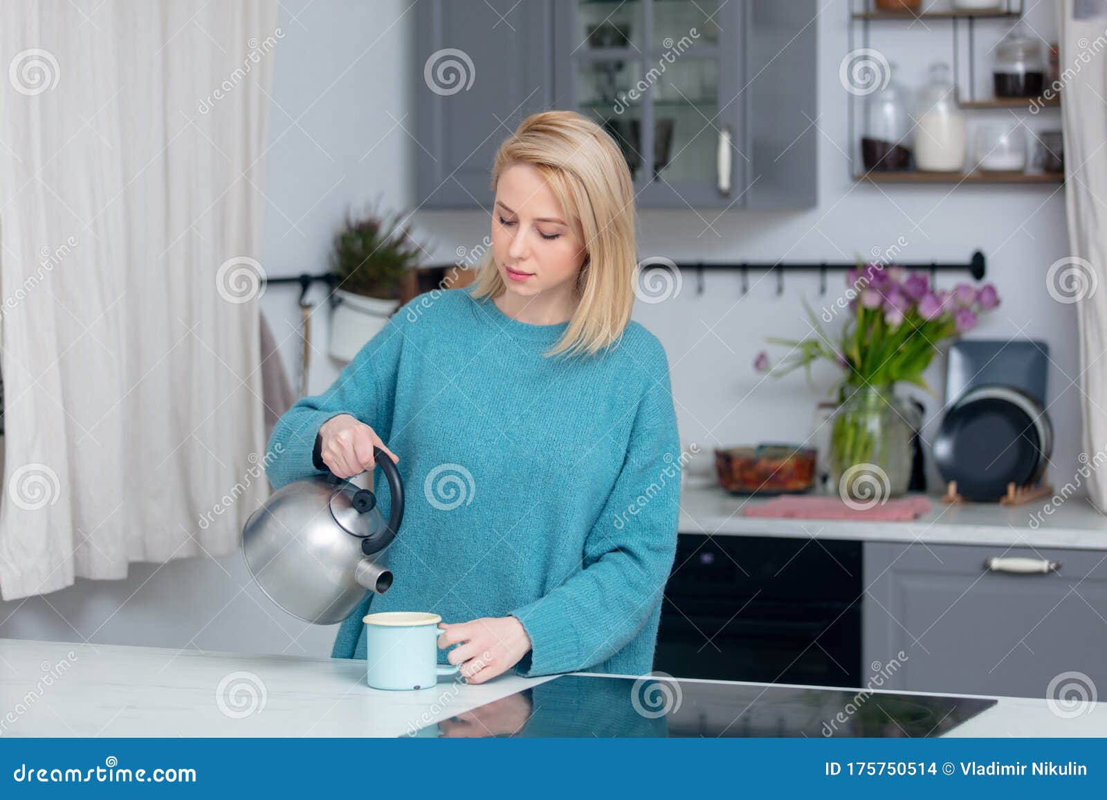 Lady with Cup of Coffee at Kitchen Stock Photo - Image of casual ...