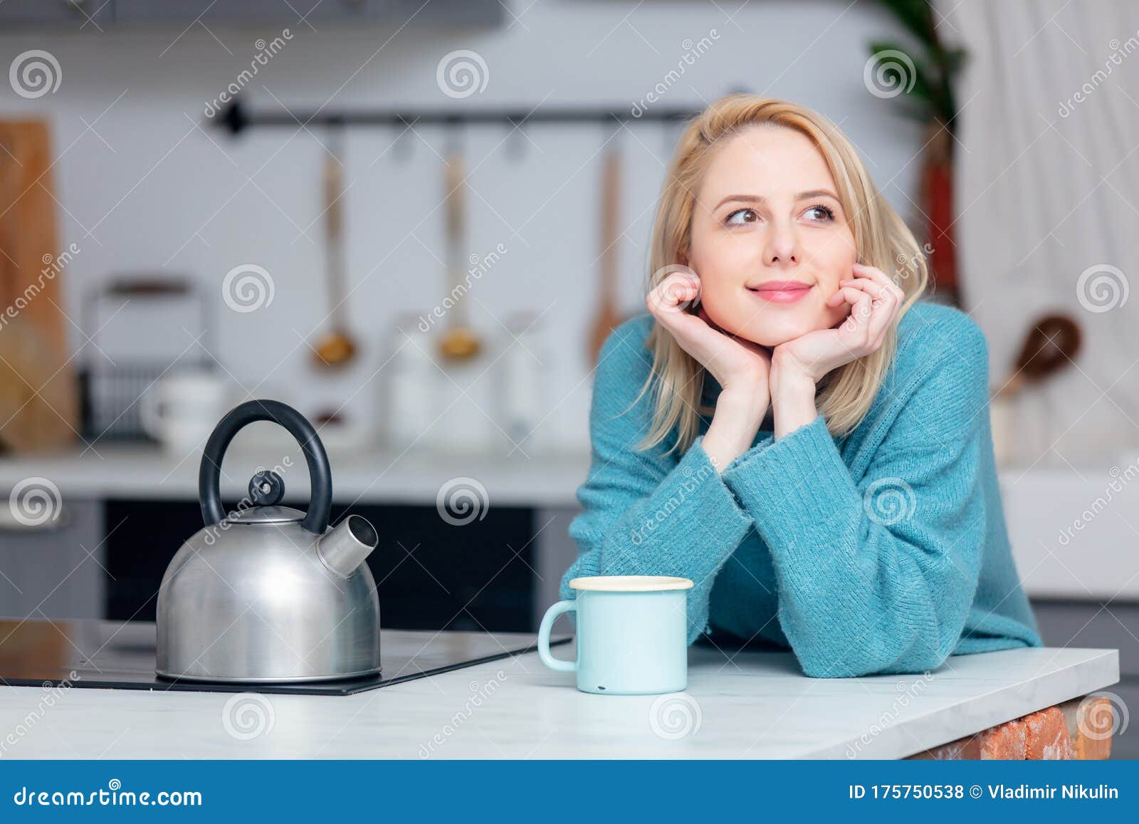 Lady with Cup of Coffee at Kitchen Stock Photo - Image of blonde ...