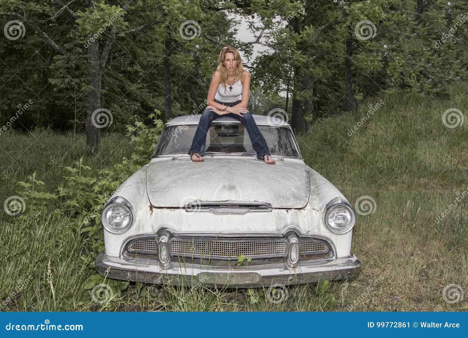 Blonde Model Posing with a Vintage Car Stock Image - Image of hair ...