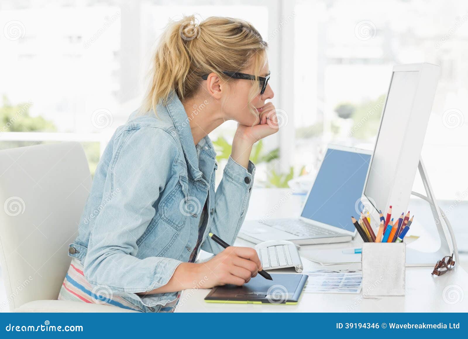Blonde Pretty Designer Using Digitizer at Her Desk Stock Photo - Image ...