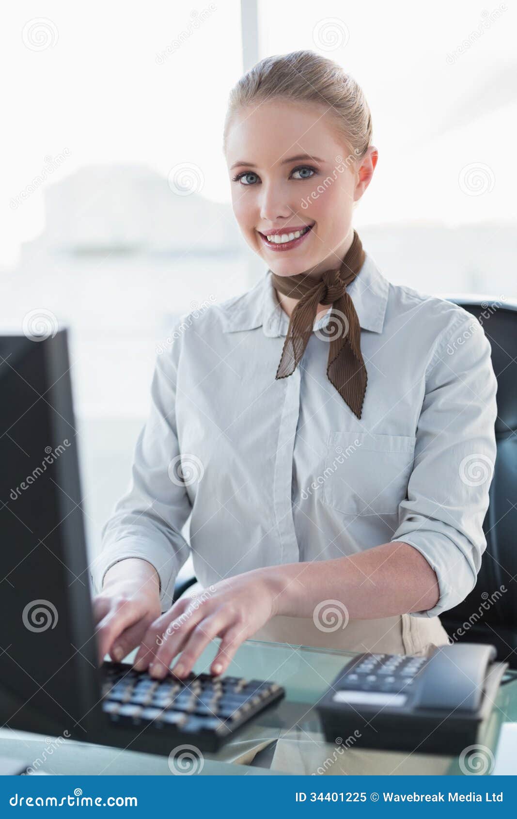 Blonde Smiling Businesswoman Working on Computer Stock Image - Image of ...