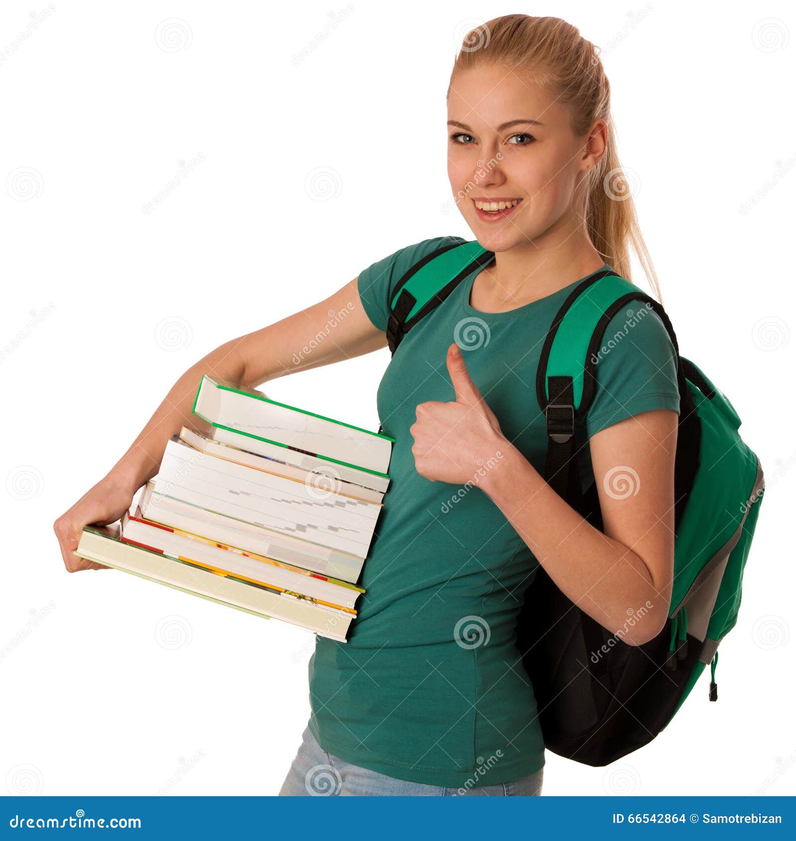 Blonde Student with Stack of Books and Backpack, Happy To Get Kn Stock ...