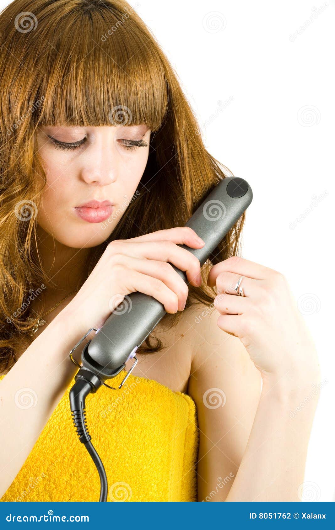 Blonde Using Hair Straightener Stock Photo - Image of harmony, beauty ...