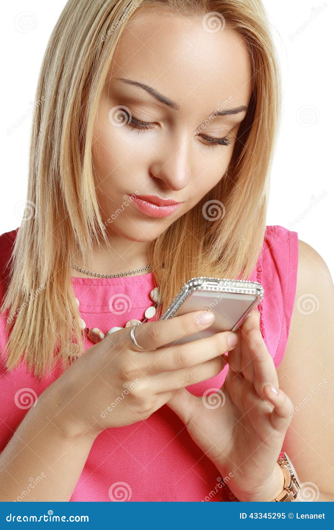 Blonde using mobile stock image. Image of communication - 43345295