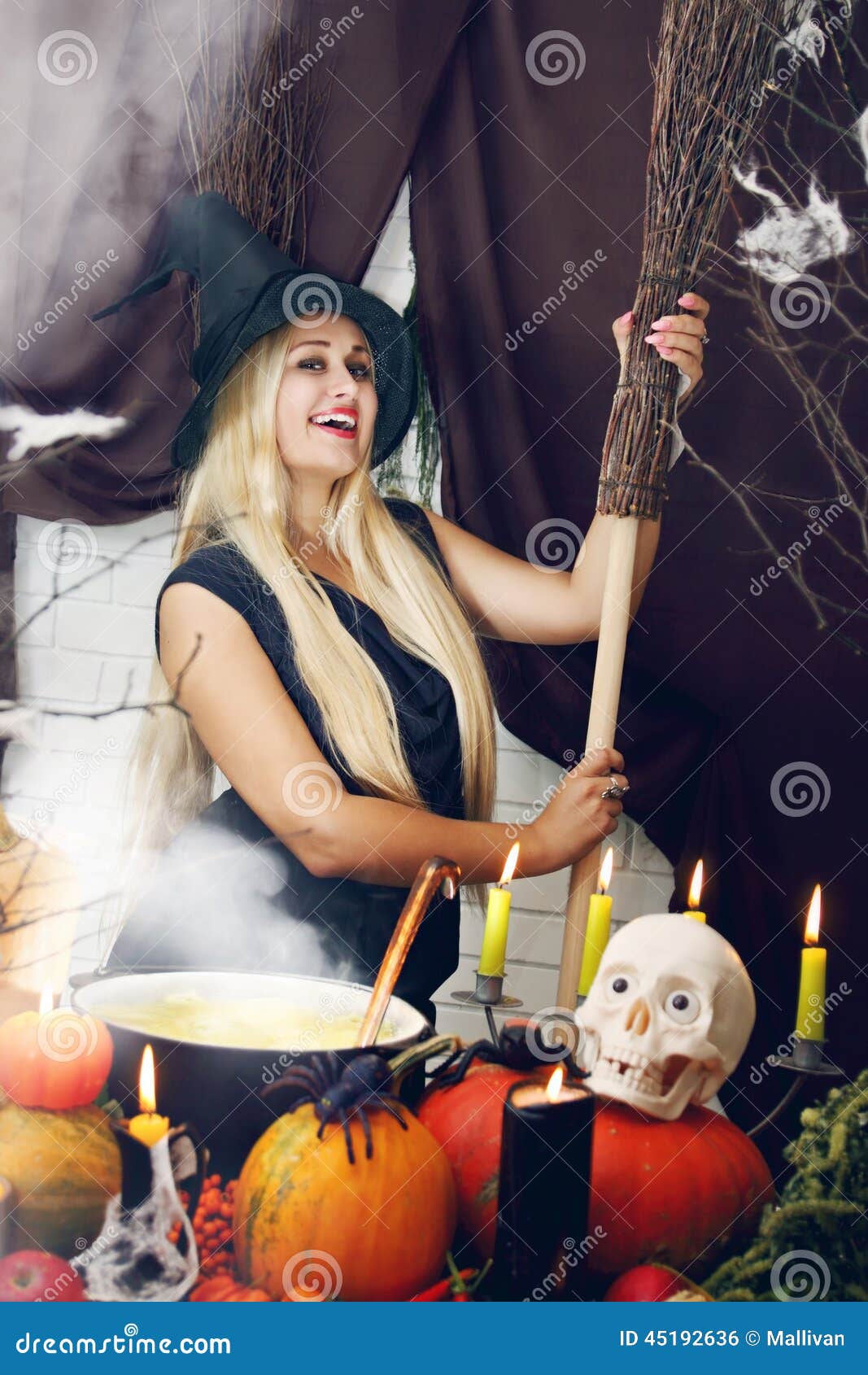 Blonde Witch with a Broom, Tinted Stock Photo - Image of girls, cruel ...