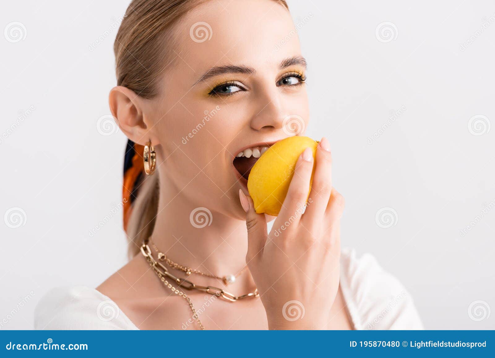 Blonde Woman Biting Yellow Lemon Isolated Stock Photo - Image of citrus ...