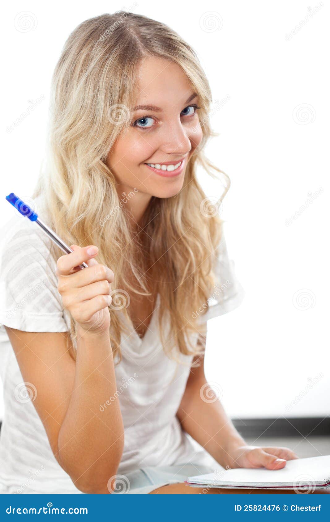 Blonde Woman Holding Pen and Notepad Stock Photo - Image of notepad ...