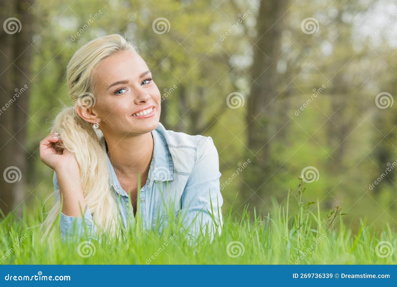Blonde Woman Laying Grass Stock Image Image Of Laying 269736339