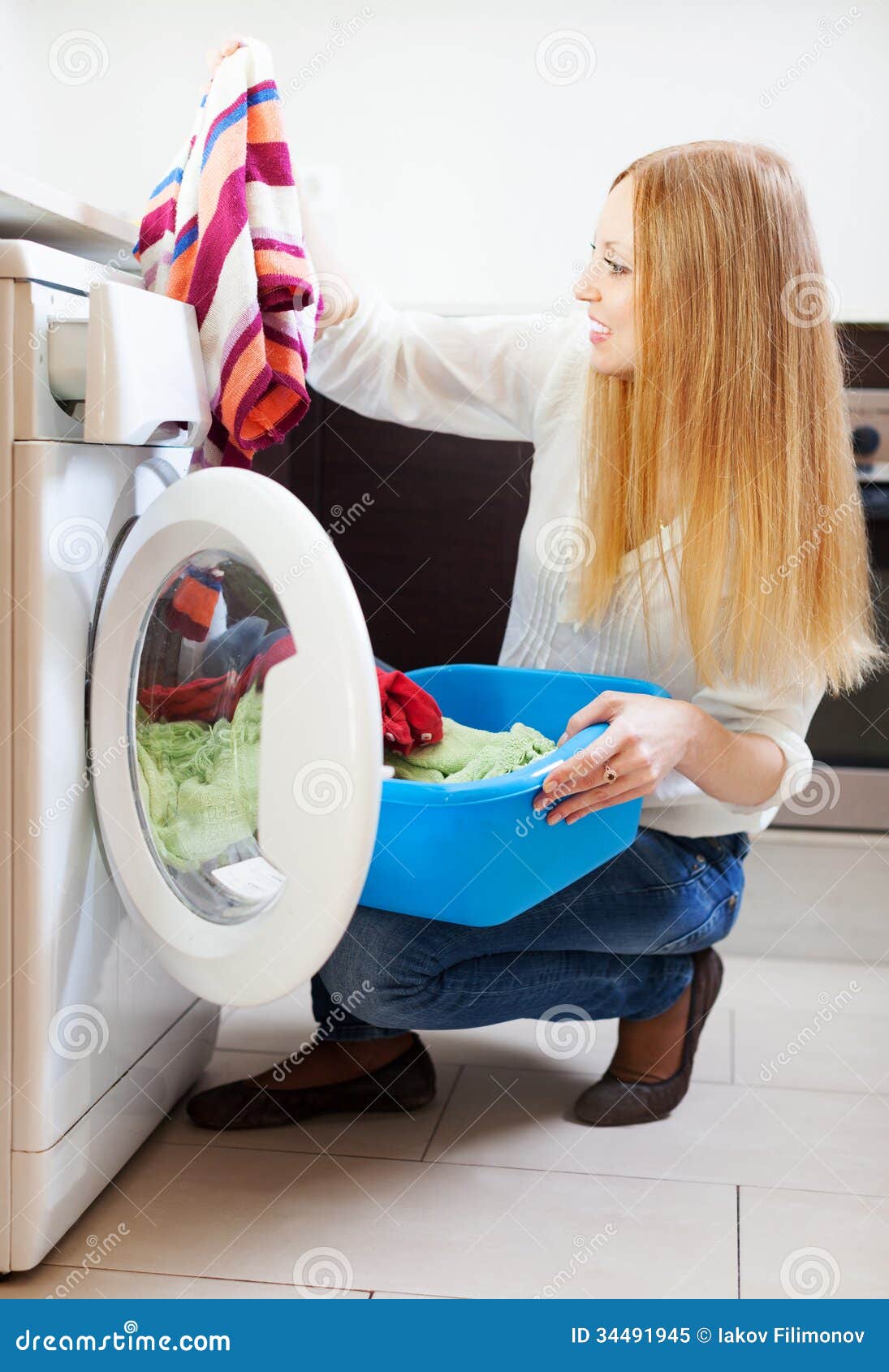 Blonde Woman Loading the Washing Machine Stock Image - Image of person ...