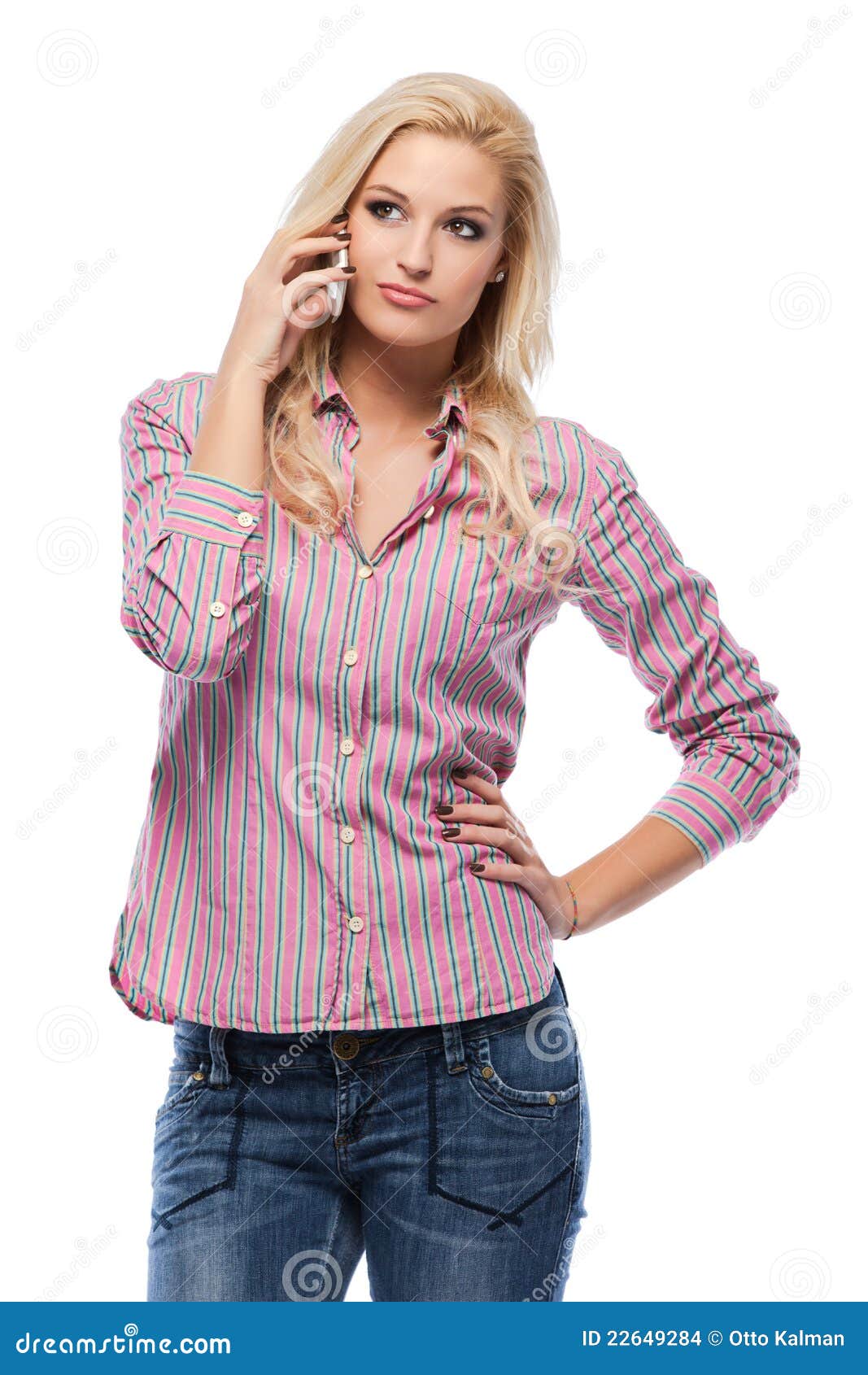 Blonde Woman Making a Call in Studio Stock Photo - Image of caucasian ...