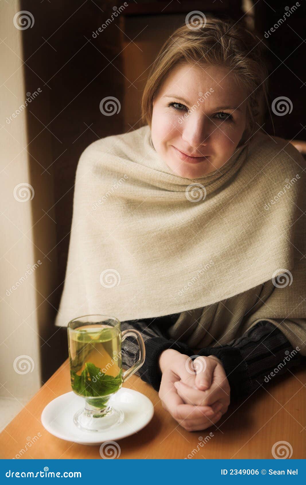 Blonde woman with mint tea stock photo. Image of blue - 2349006