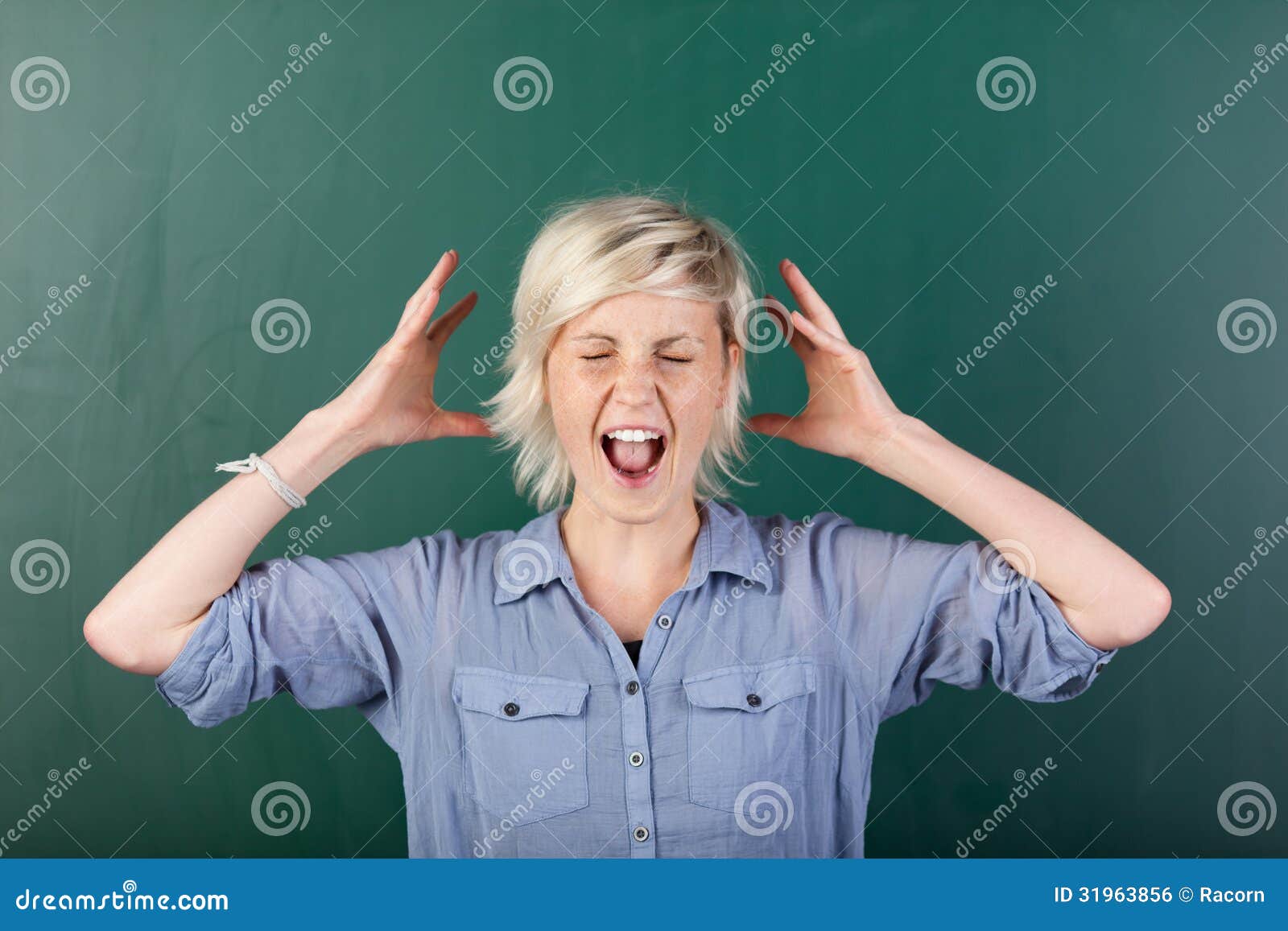 Blonde Woman Shouting by Chalkboard Stock Photo - Image of despair ...