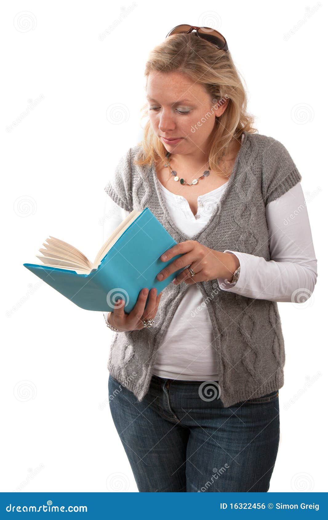 Blonde Woman Standing and Reading a Book Stock Photo - Image of ...
